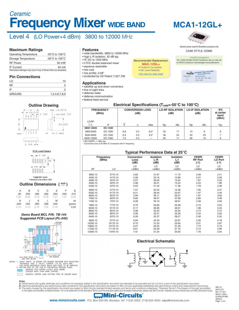 MCA1-12GL+ technical datasheet page 1