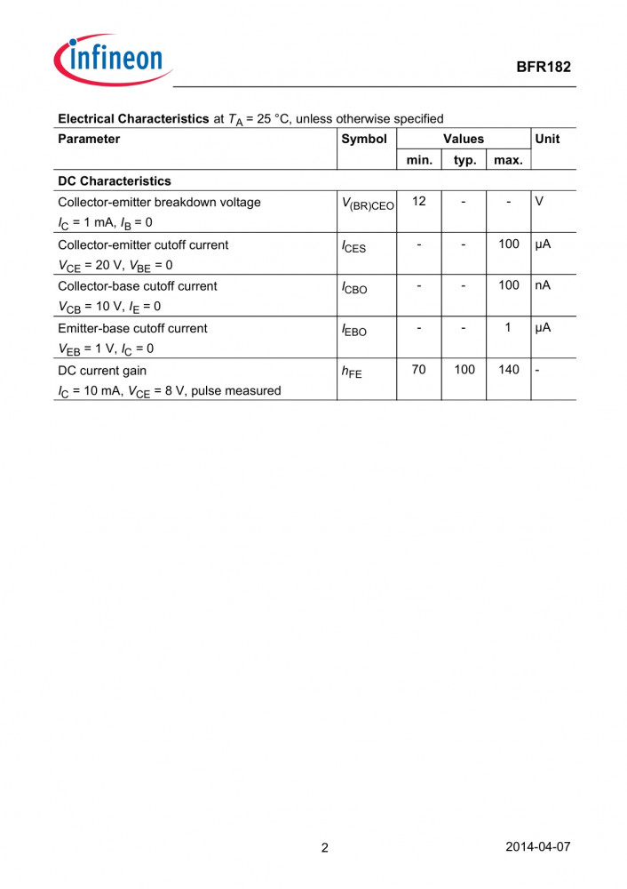 BFR182E6327 technical document page 2
