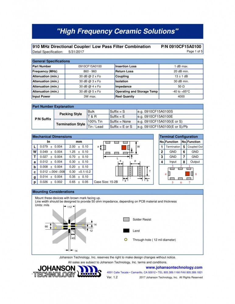 0910CF15A0100001E datasheet page 1