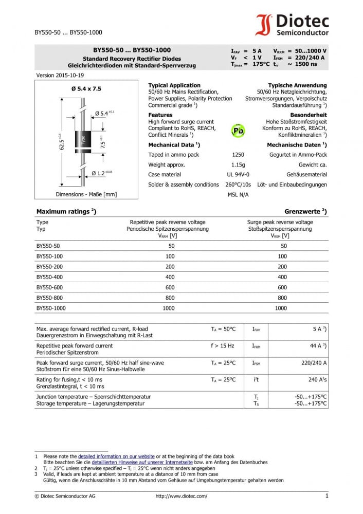 DIOTEC BY550-600 datasheet page 1