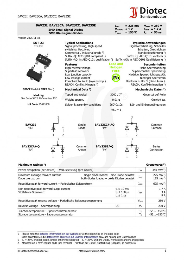 DIOTEC BAV23SE datasheet page image 1