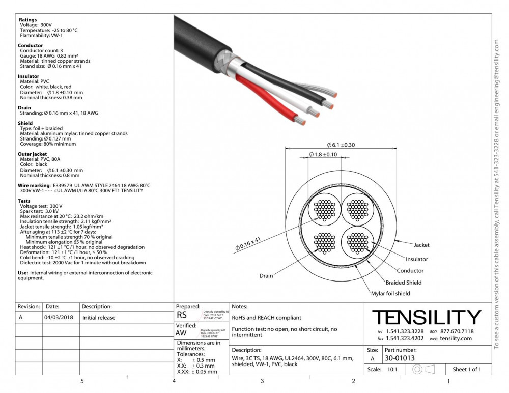 Tensility 30-01013 product drawing and cable specifications