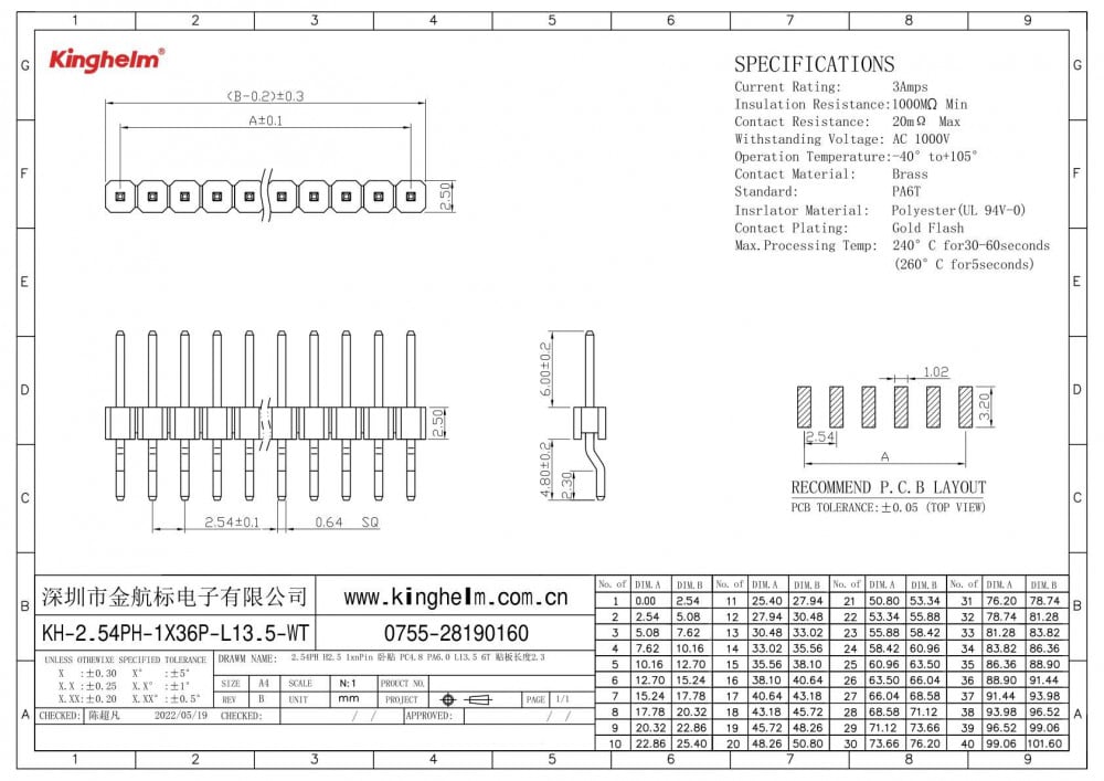 Kinghelm KH-2.54PH-1X36P-L13.5-WT technical drawing preview