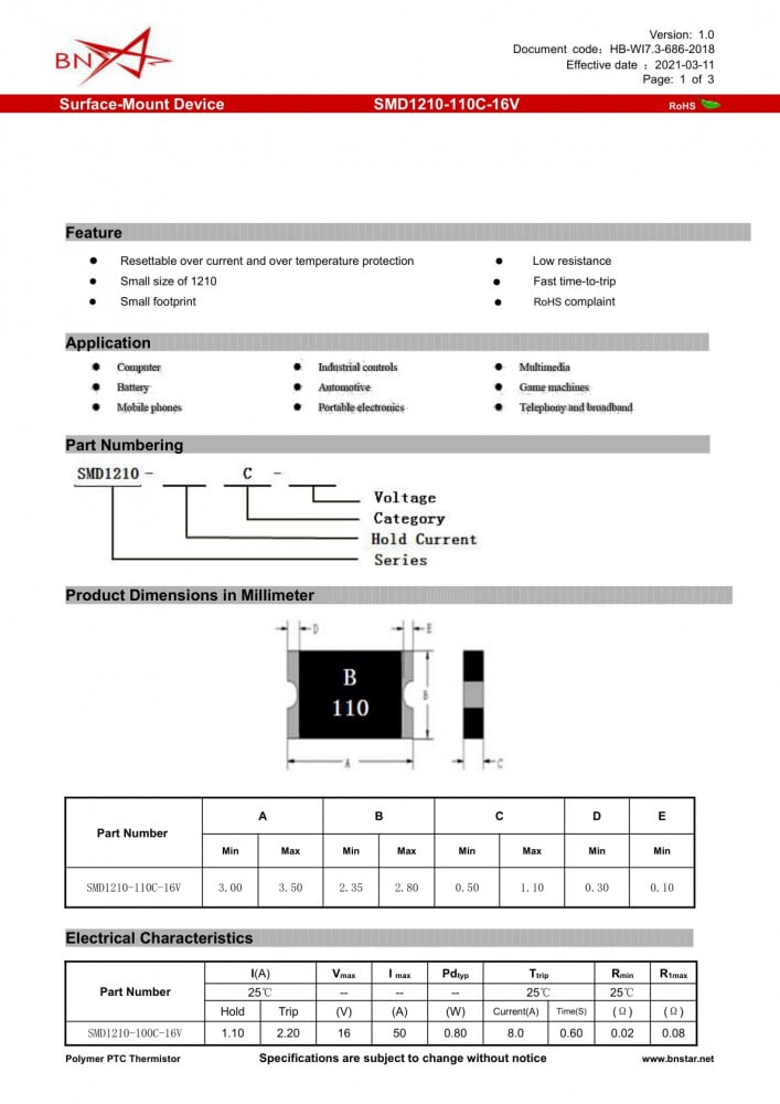 BNstar SMD1210-110C-16V datasheet page 1