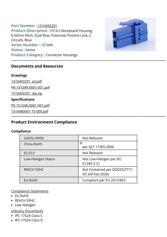 Molex CP 6.5 connector technical document, page 1
