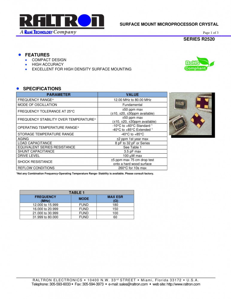 Raltron R2520 series technical document page 1