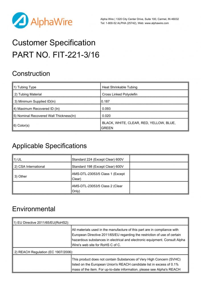 Alpha Wire FIT-221-3/16 technical document page 1