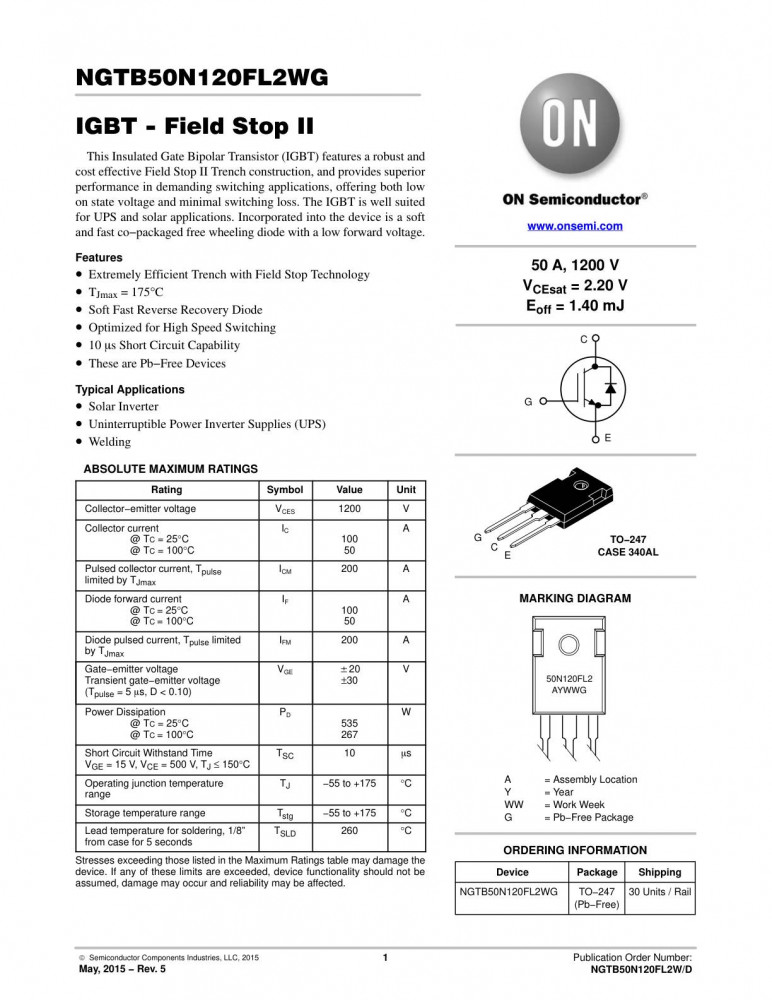 NGTB50N120FL2WG datasheet page 1