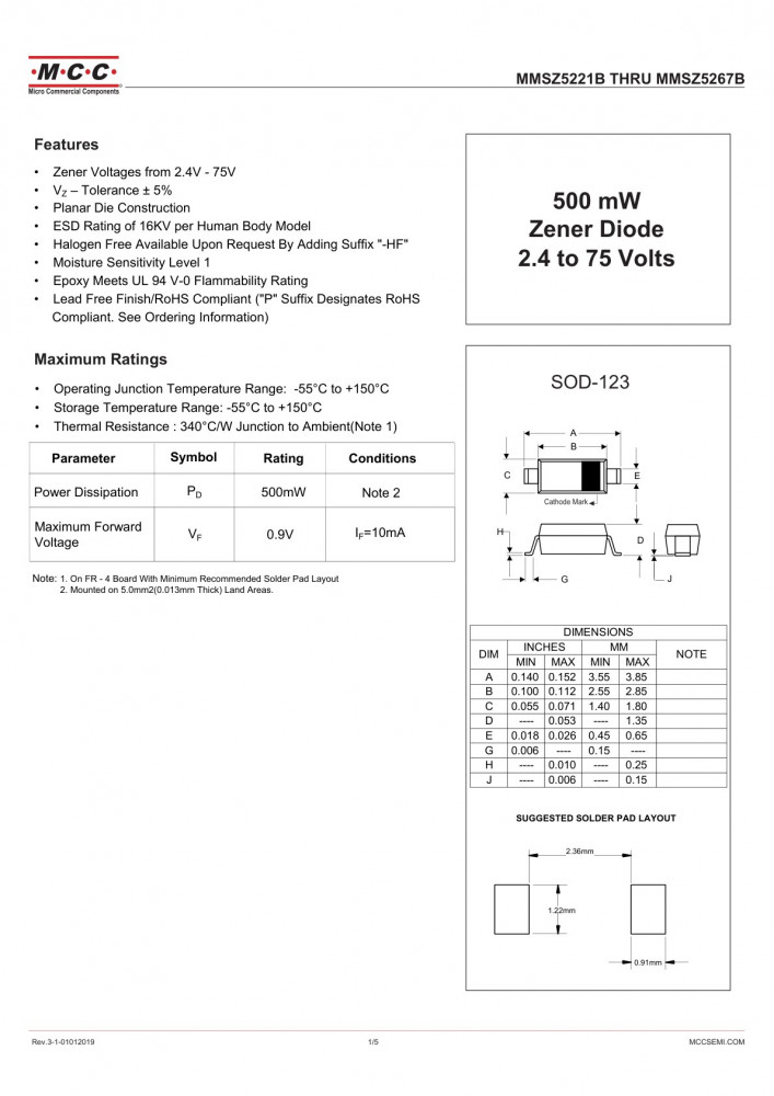 MCC MMSZ5231B-TP datasheet page 1