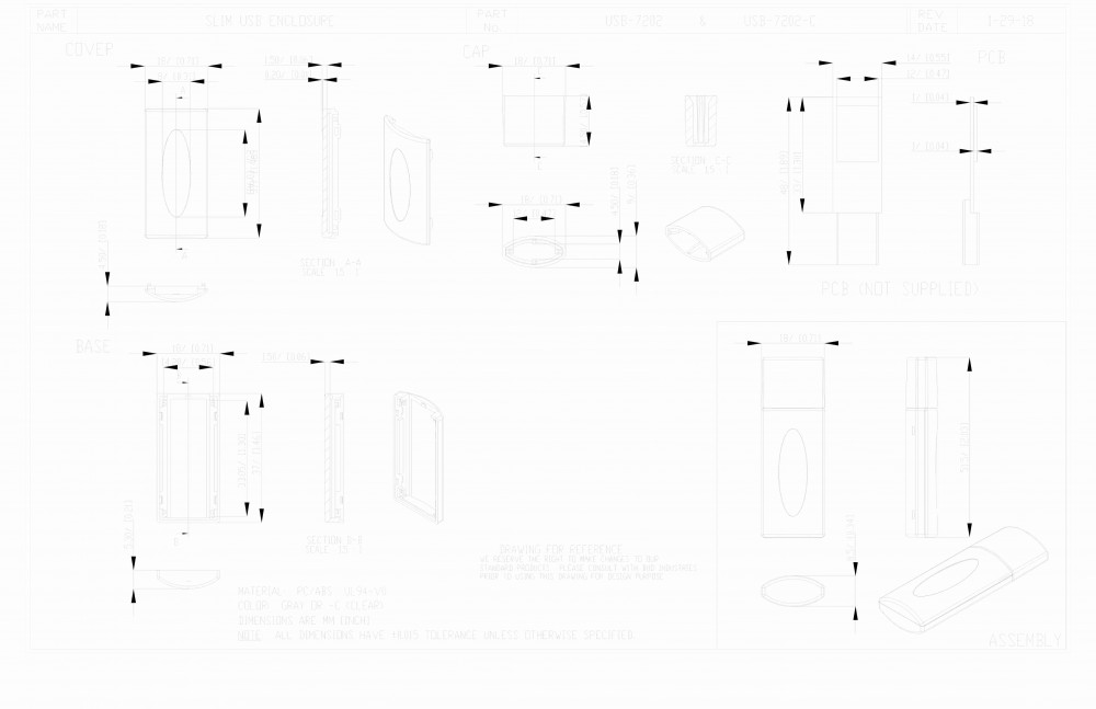 Bud Industries USB-7202 slim USB enclosure drawing