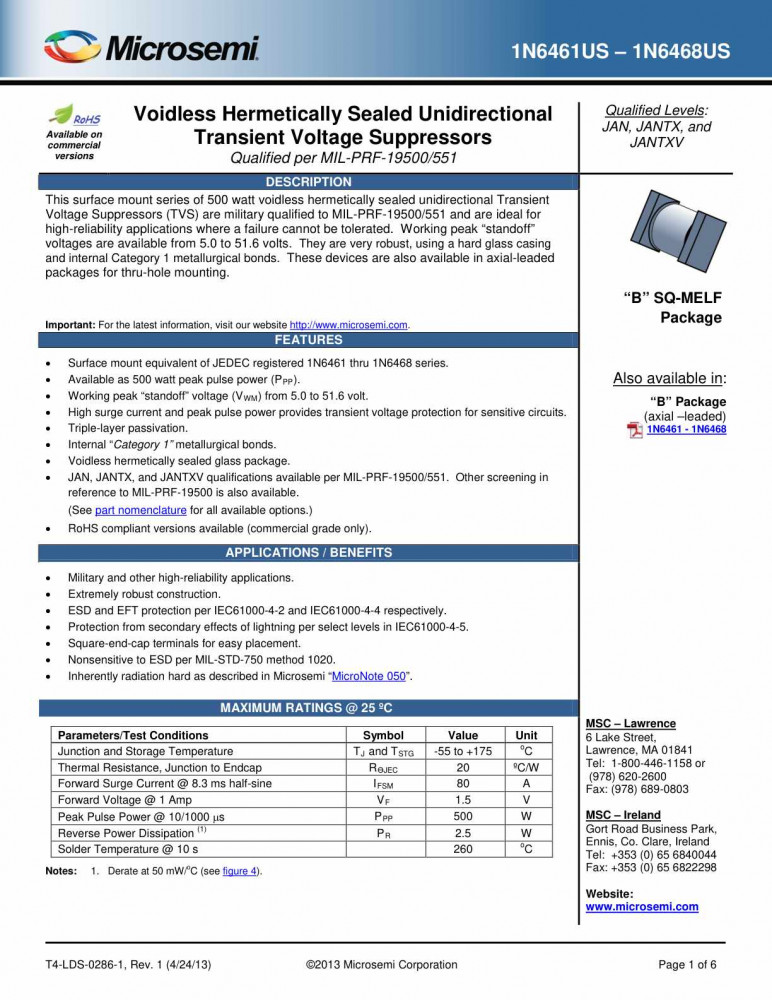 JANTX1N6463US datasheet page 1