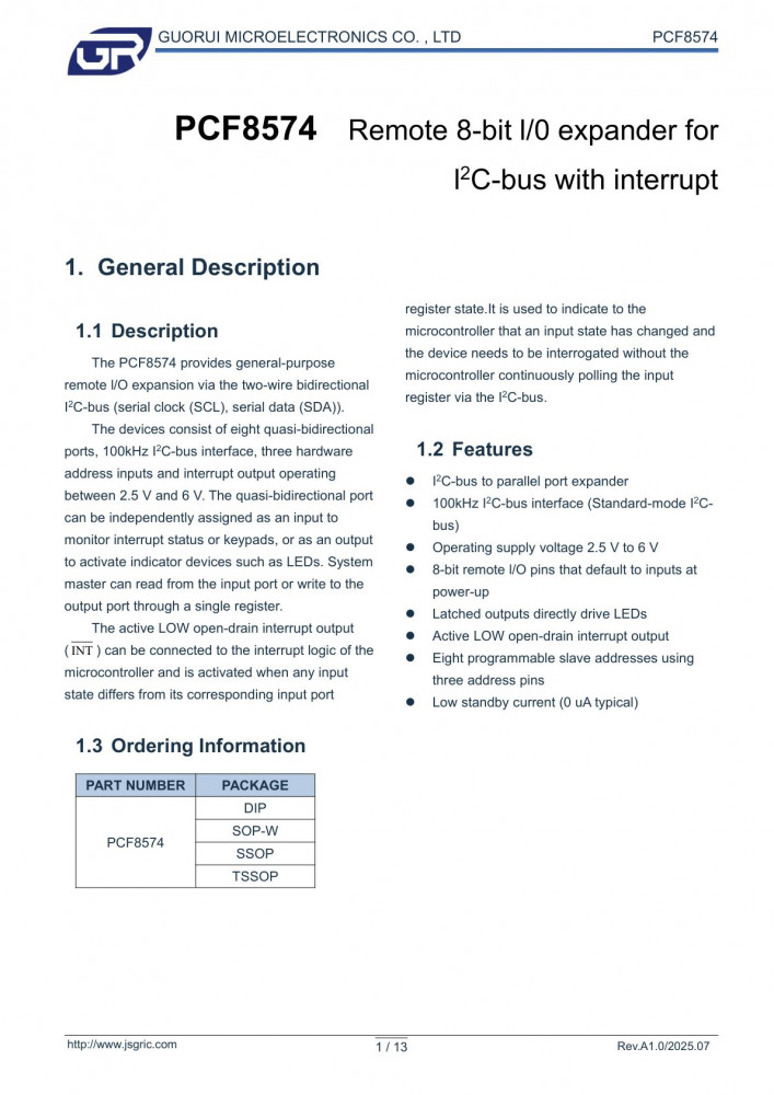 PCF8574 datasheet page 1