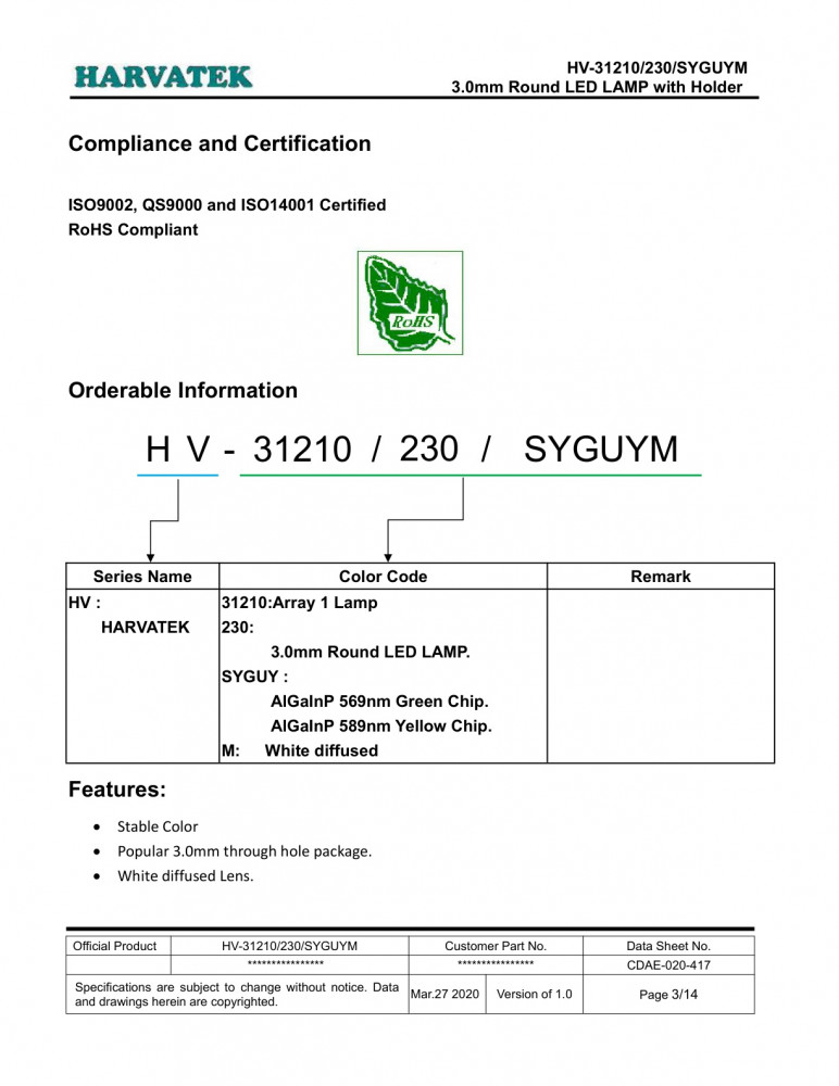 HV-31210/230/SYGUYM datasheet page 3