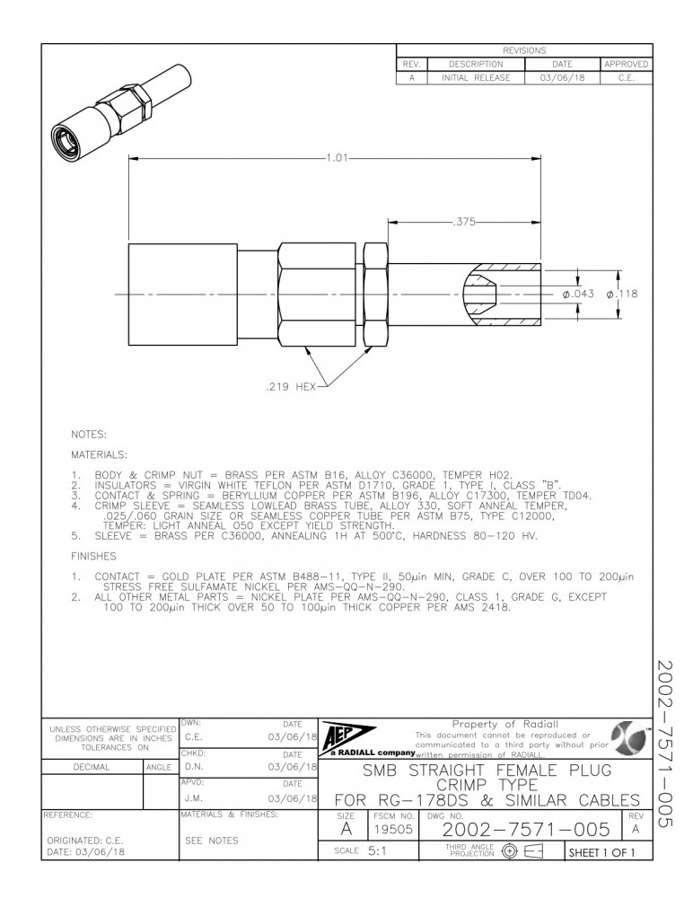 Radiall 2002-7571-005 SMB straight female plug drawing