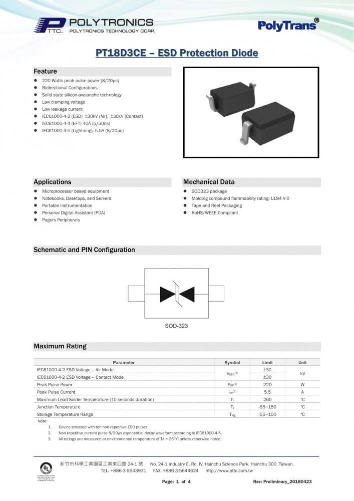 PT18D3CE datasheet page 1
