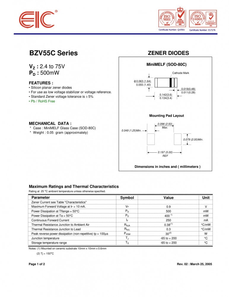 EIC BZV55C series datasheet page 1
