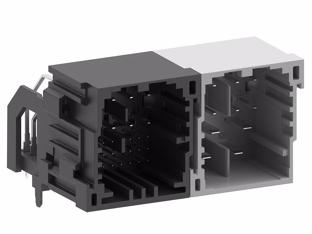 stAK50h 2 Bay Right-Angle Hybrid Header, 44 Circuits, Bay 1: 32 Circuits/Key 3/Dark Gray; Bay 2: 12 Circuits/Key 1/Black; Tube