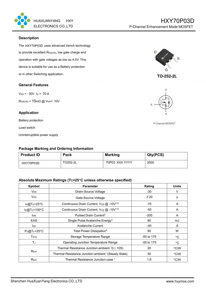 HXY70P03D datasheet page 1