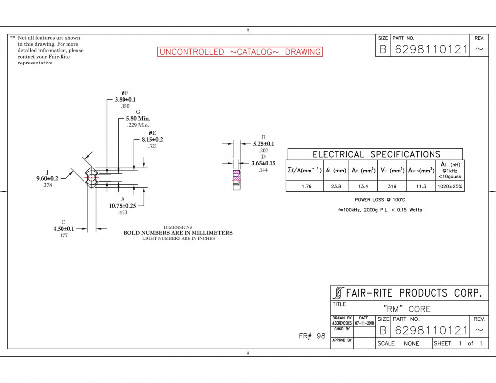 Fair-Rite 6298110121 technical drawing page