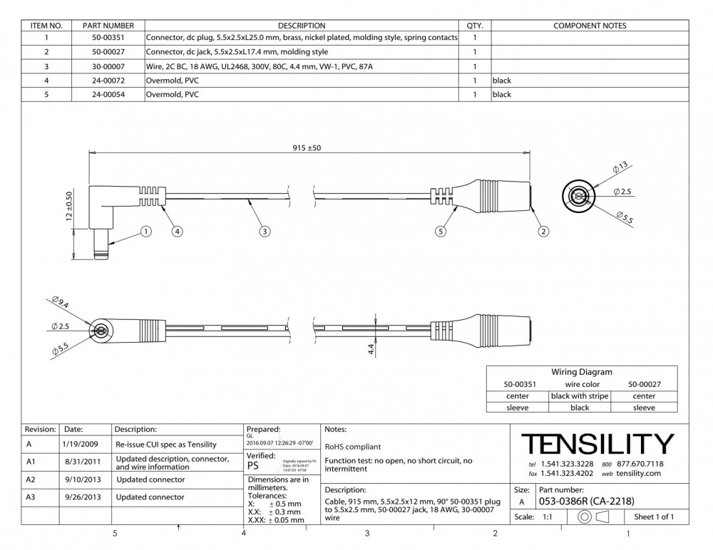 Tensility International DC cable assembly drawing reference