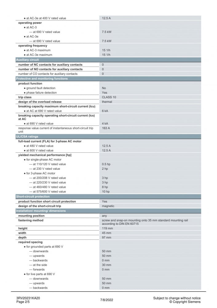 3RV20231KA20 technical document page 2