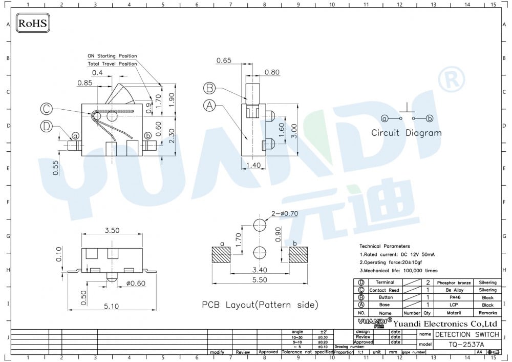 Yuandi TQ-2537A detection switch technical drawing