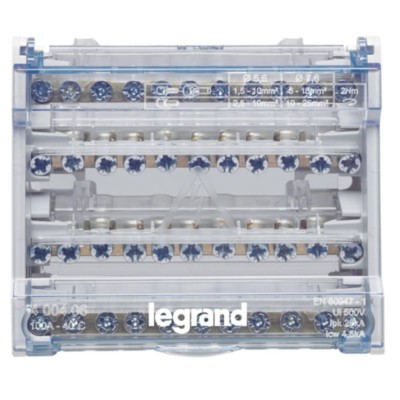 Modular distribution block with staggered bars 100 A - 11 connections per busbar - 6 modules for sale