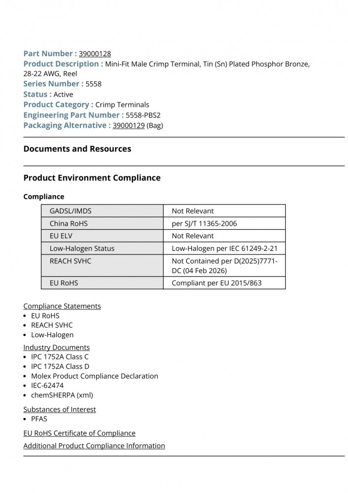 MOLEX connector specification, page image 1