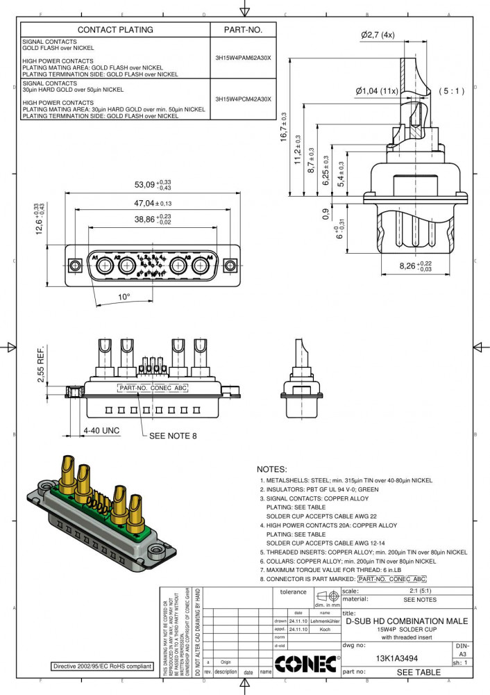 Conec 3H15W4PAM62A30X D-Sub HD combination male solder-cup connector drawing