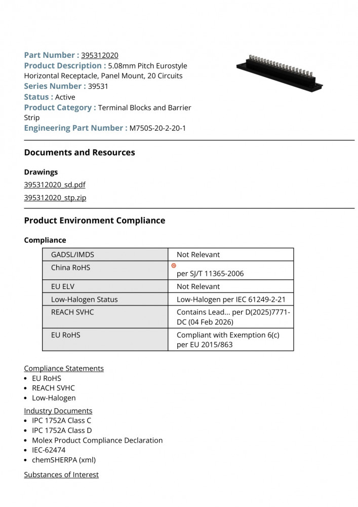 MOLEX 395312020 technical document image, page 1