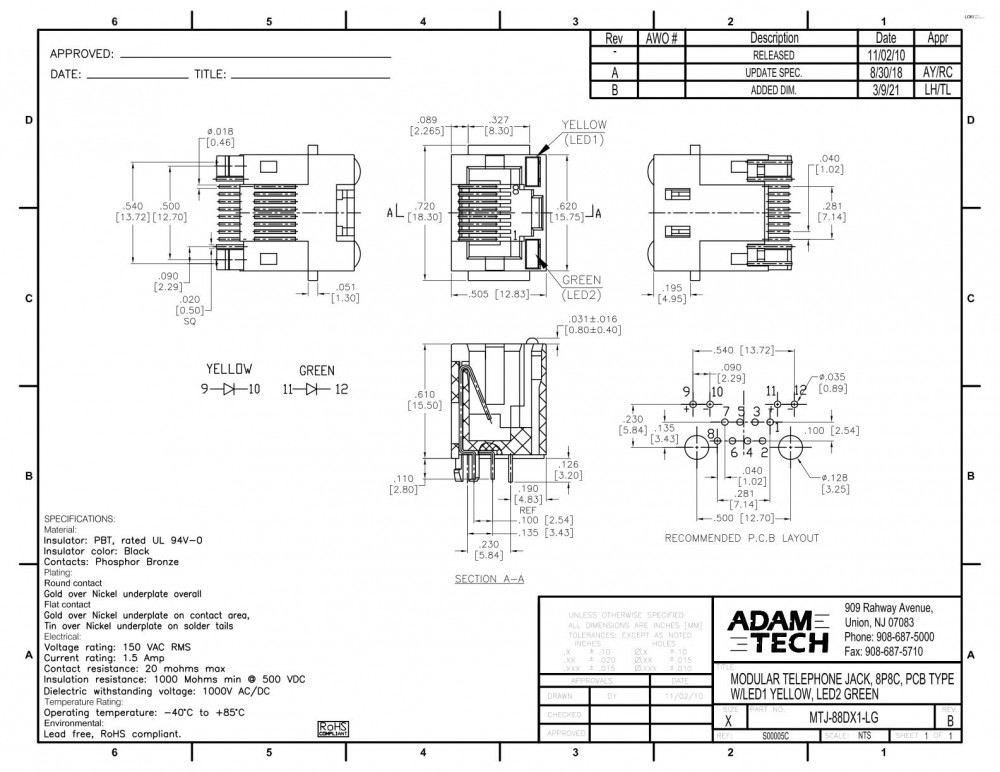 ADAM TECH MTJ-88DX1-LG technical drawing