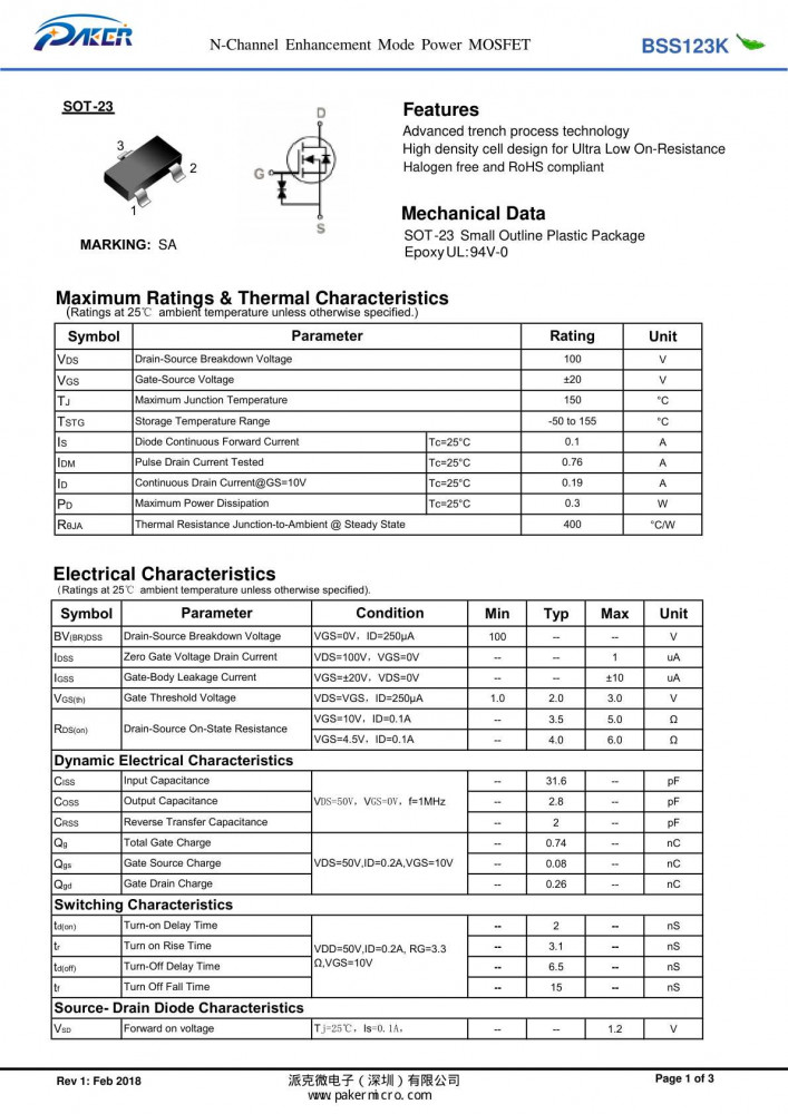 BSS123K datasheet page 1