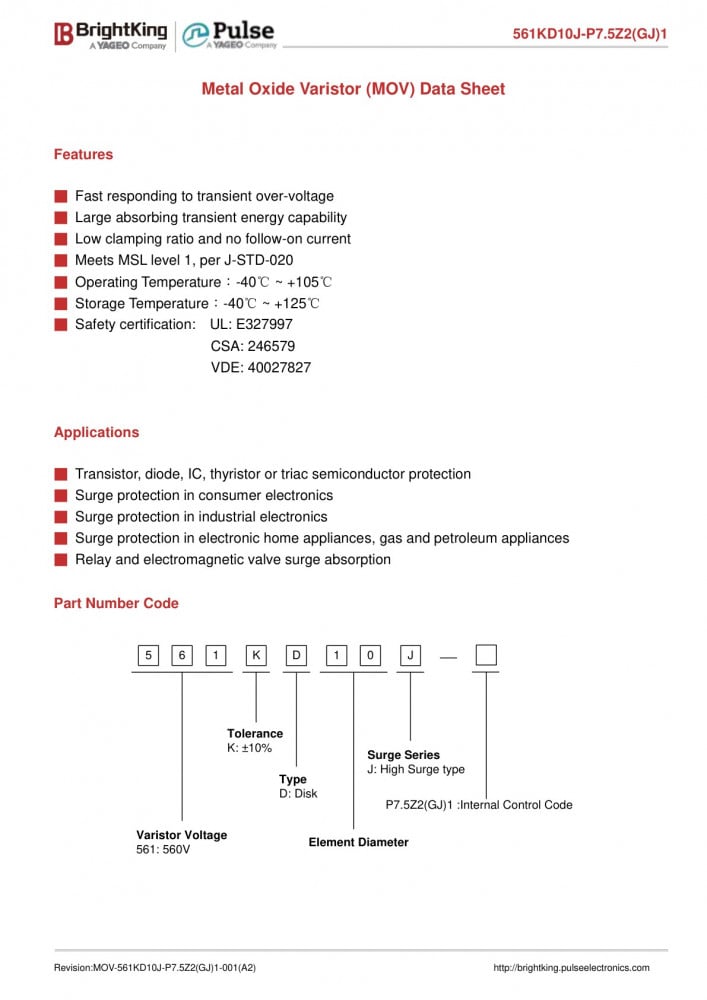 Brightking MOV datasheet page 1
