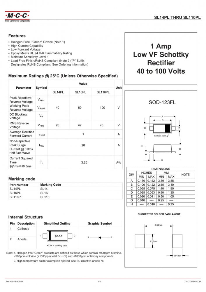 MCC SL110PL-TP datasheet page 1