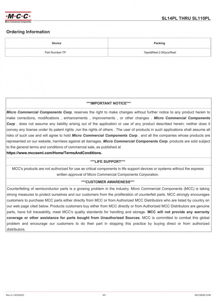 MCC SL110PL-TP datasheet page 5