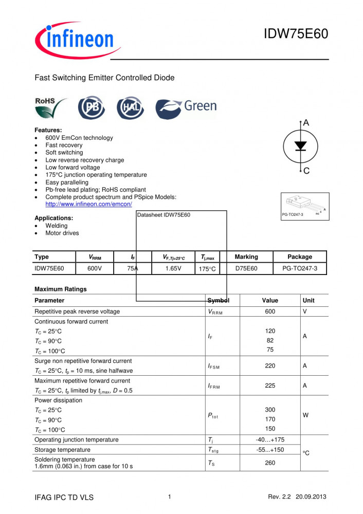 IDW75E60FKSA1 datasheet page 1