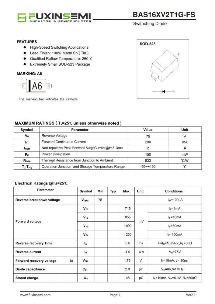 BAS16XV2T1G-FS datasheet page 1