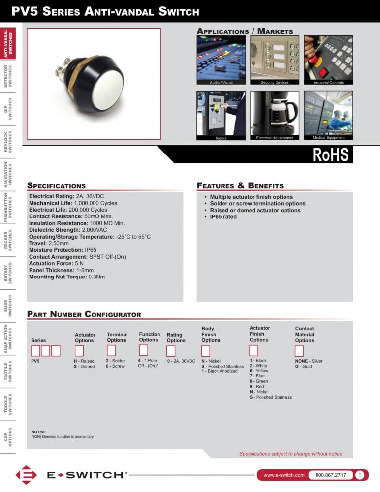E-Switch PV5ORING technical document page 1