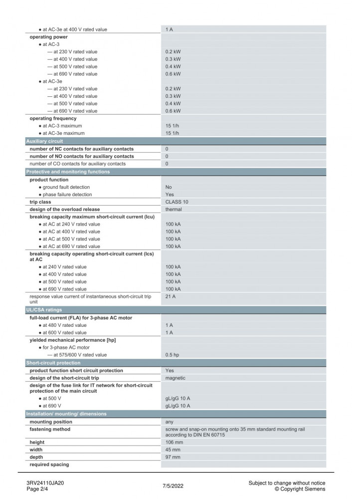 3RV24110JA20 datasheet page 2