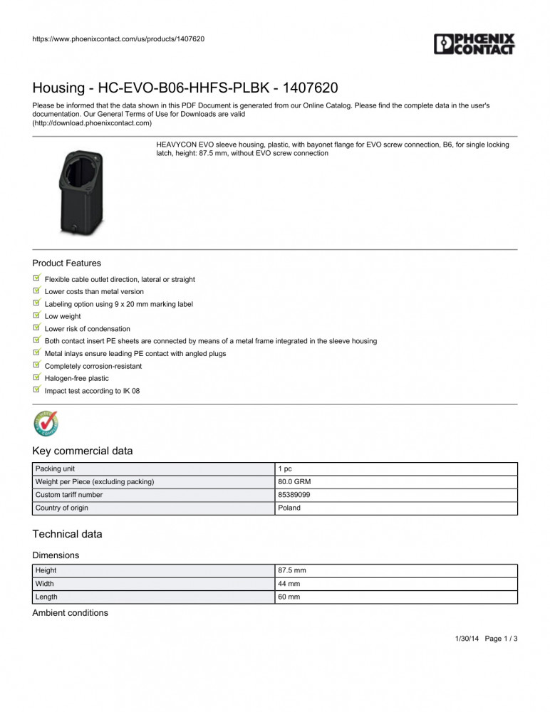 Phoenix Contact 1407620 product documentation page 1