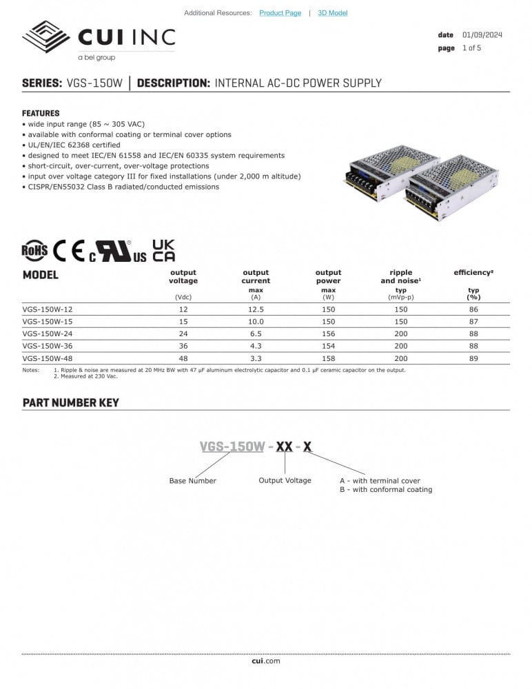 CUI VGS-150W series datasheet page 1