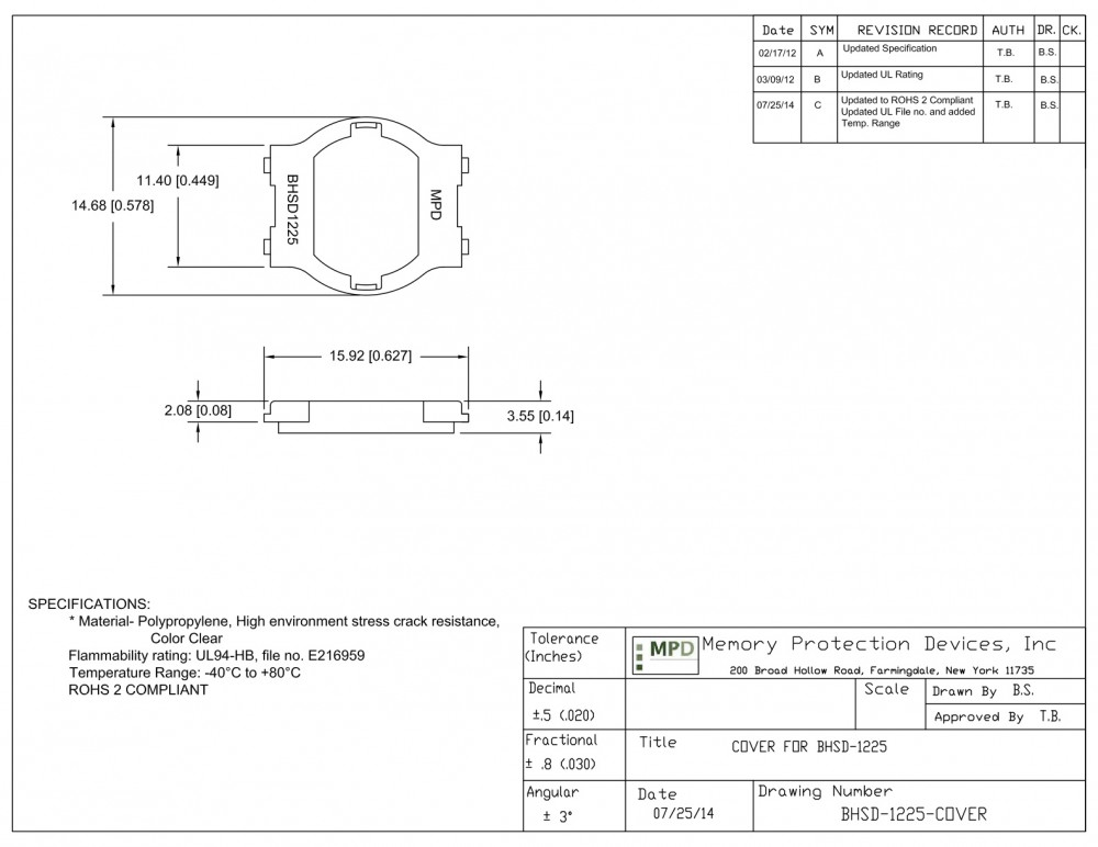 BHSD-1225-COVER technical drawing and specification page