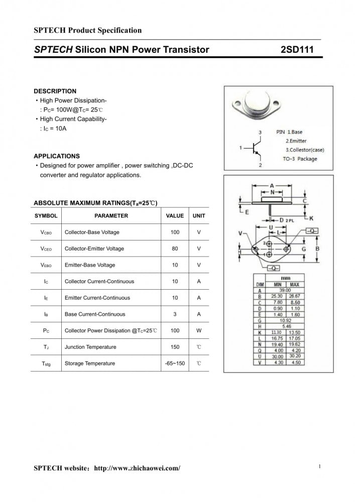 2SD111 SPTECH datasheet page 1
