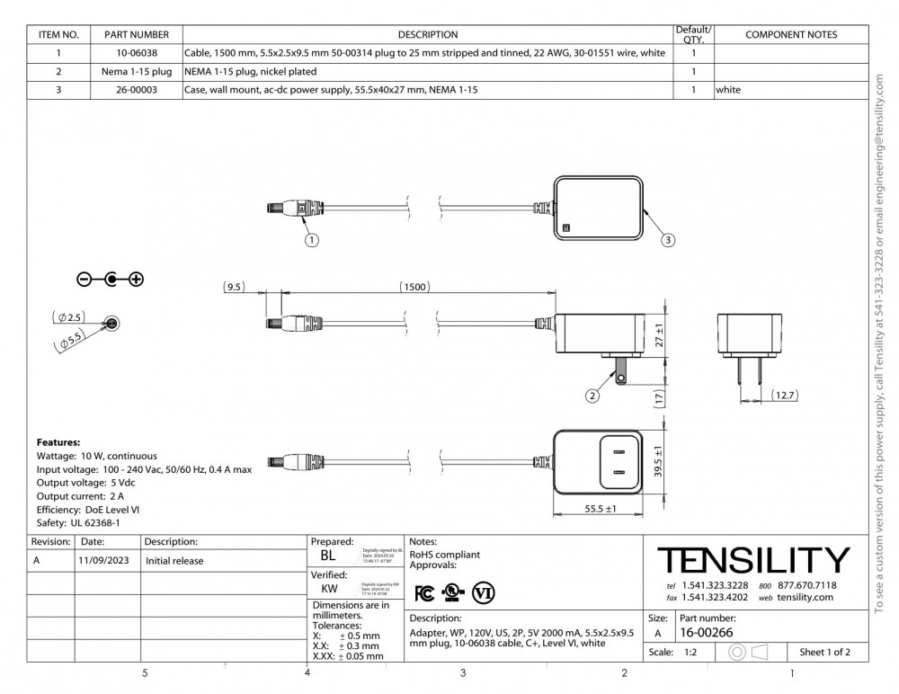 Tensility 16-00266 product drawing and adapter outline, page 1
