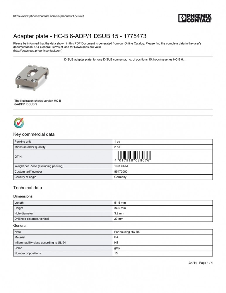 Phoenix Contact 1775473 product document page 1