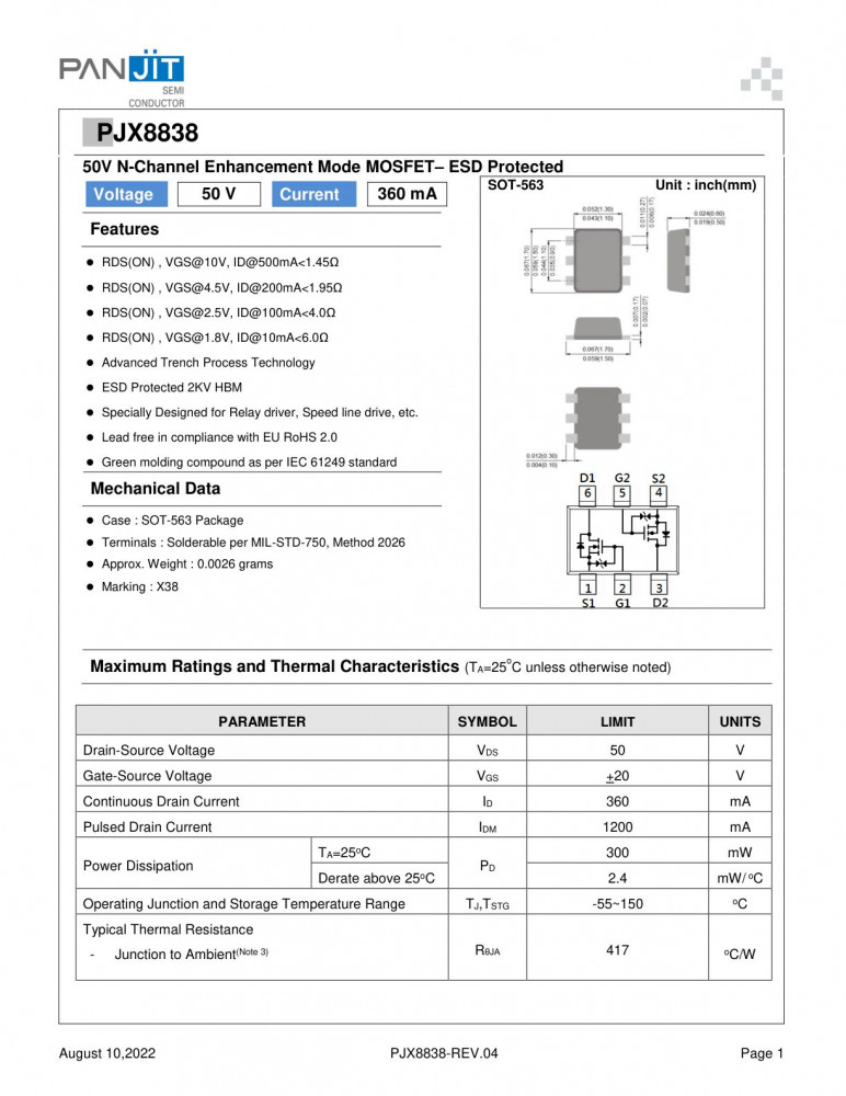 PJX8838 datasheet page 1