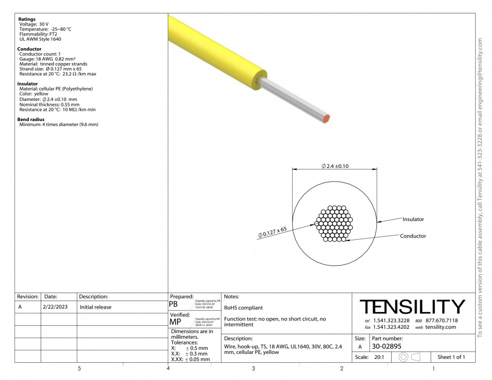 Tensility International 30-02895 hook-up wire product drawing