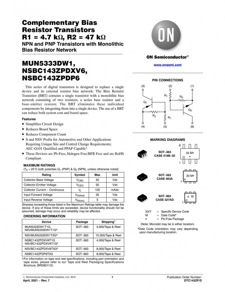 NSBC143ZPDP6T5G datasheet page 1