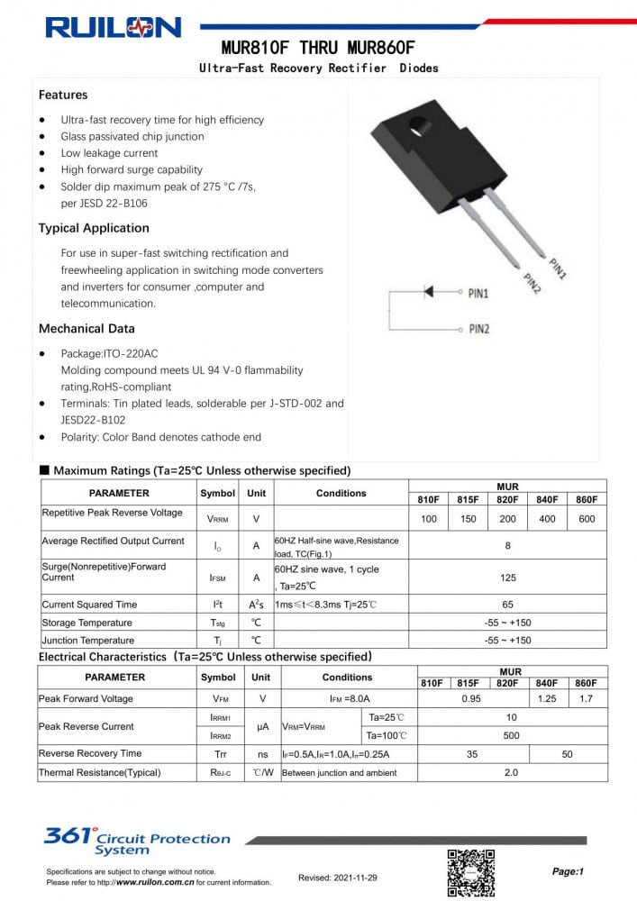 RUILON MUR860F datasheet page 1