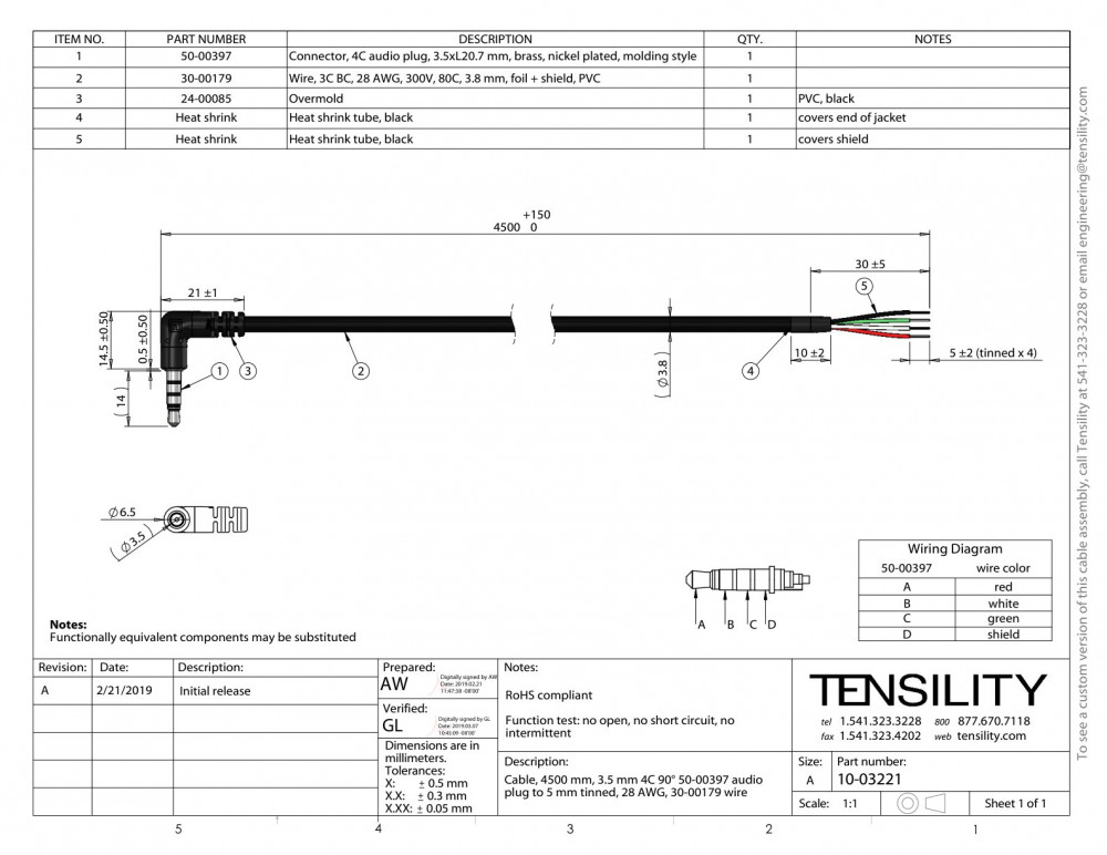 Tensility International 10-03221 cable assembly drawing